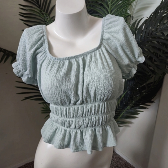 SO | Tops | Smocked Light Blue Peplum Crop Top Size Xs Cottagecore ...
